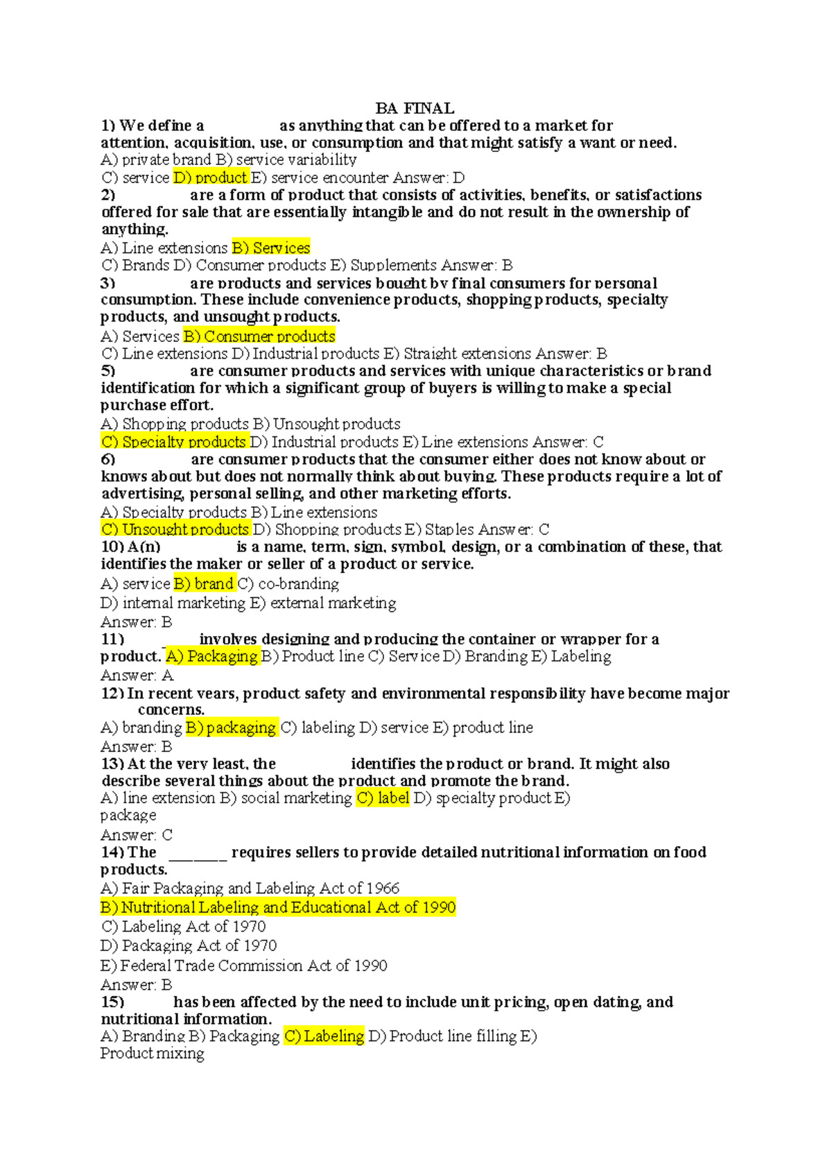 BA FINAL MCQ Study Guide on Marketing Concepts and Strategies - Studocu