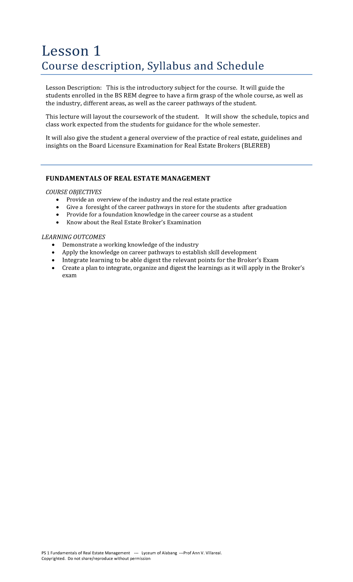 1. Lesson 1 Fundamentals - Syllabus - PS 1 Fundamentals of Real Estate ...
