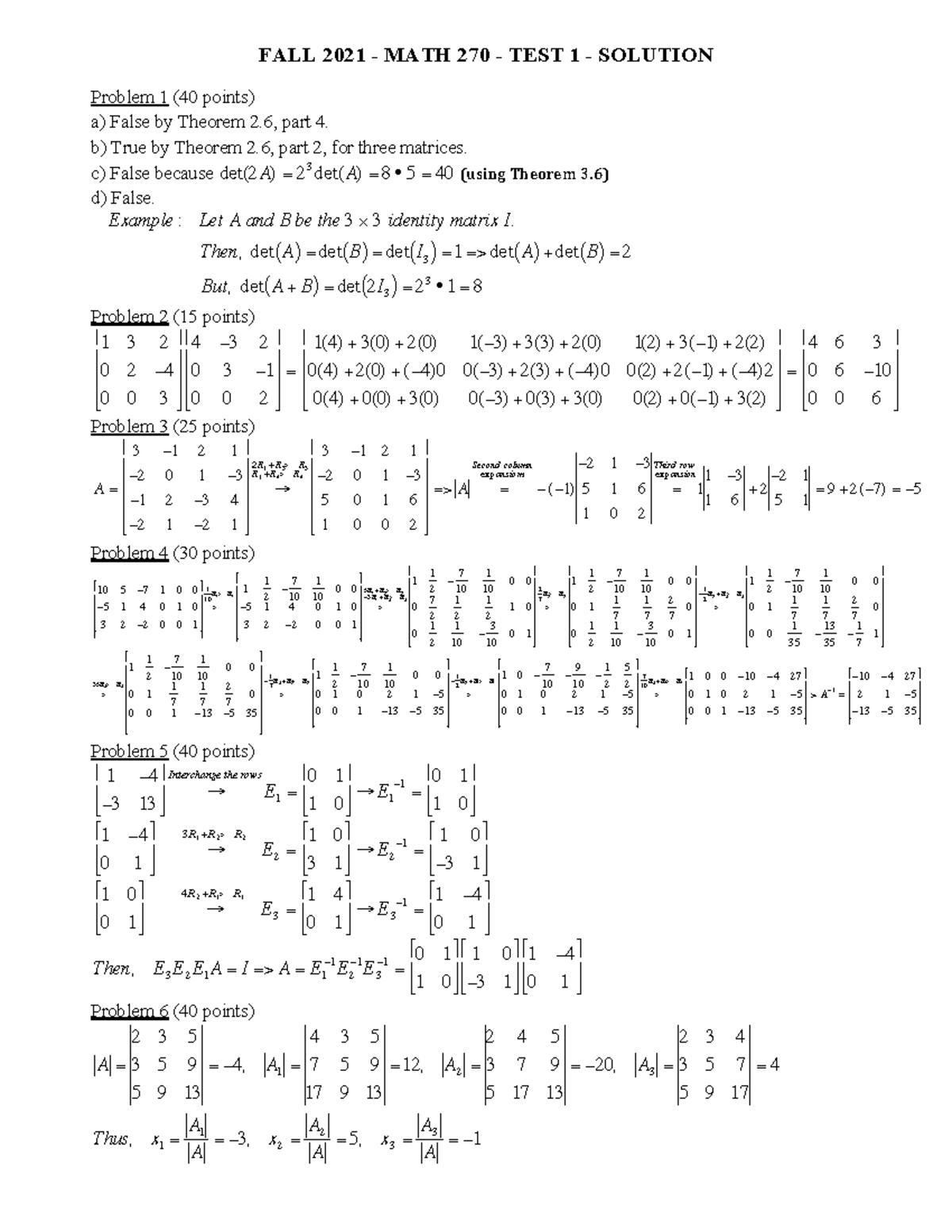 Math 270-Fall 2021-Test 1-Solutions and Detailed Analysis - Studocu