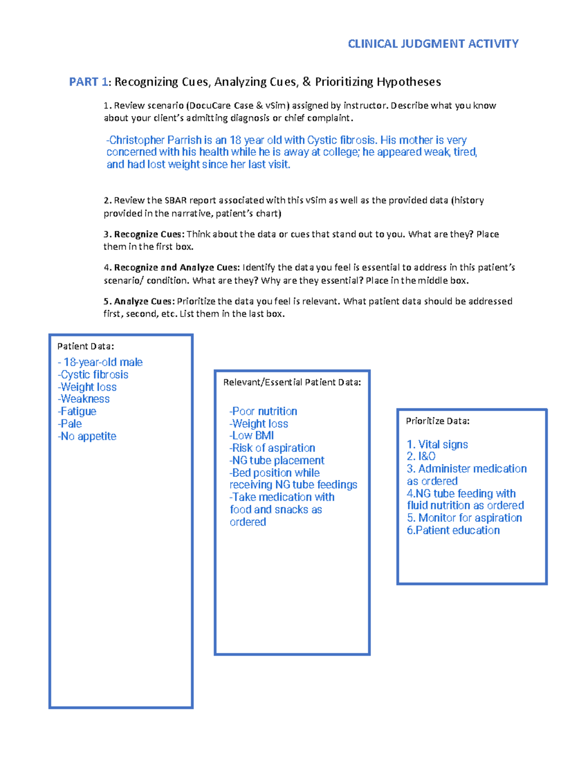 Pre-Sim Clinical Judgment Worksheet CP - CLINICAL JUDGMENT ACTIVITY ...