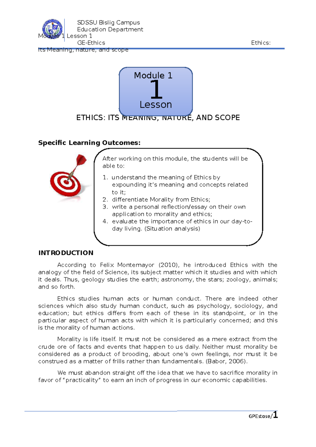Module 1: Understanding Ethics - Lesson 1 Overview and Activities - Studocu