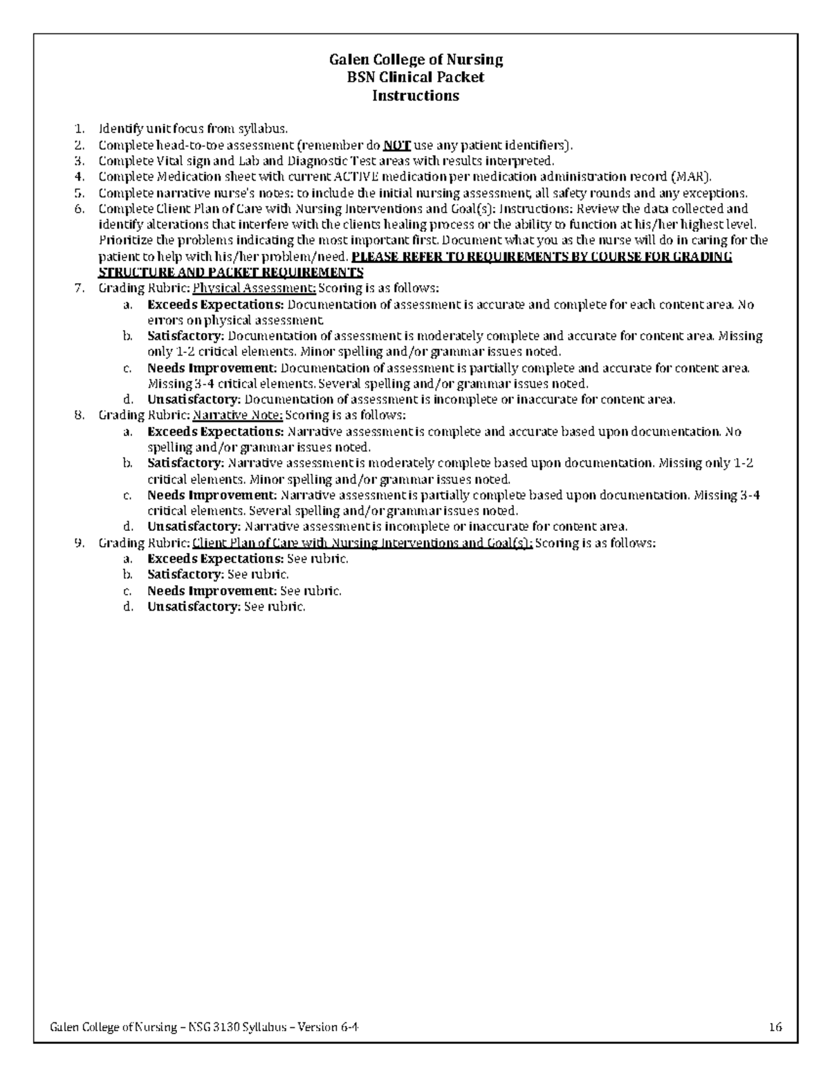Galen College of Nursing - BSN Clinical Packet Assessment Guide - Studocu