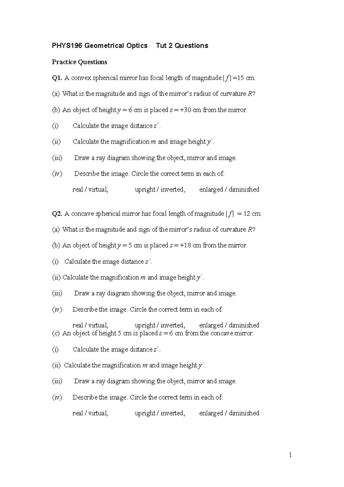 PHYS196 Geometrical Optics Tut 2 Practice Questions and Solutions - Studocu