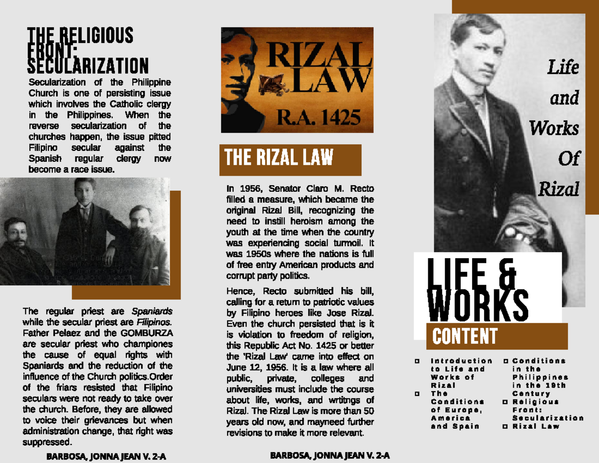 Rizal Brochure - LIFE & WORKS CONTENT - I n t r o d u c t i o n t o L i ...