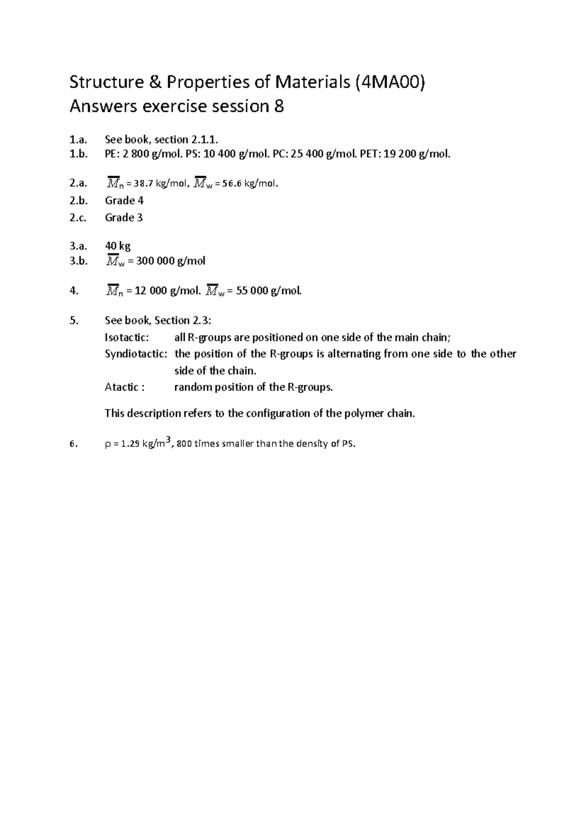 4MA00 Lecture 8 Exercise Answers - Structure & Properties of Materials ...