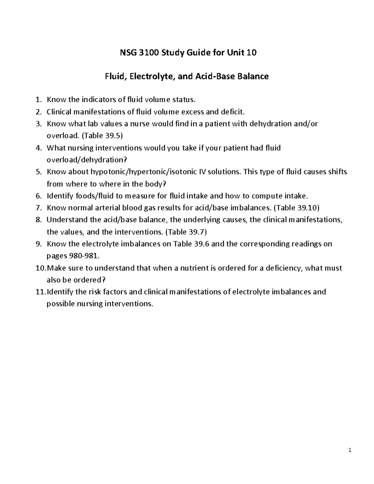 BSN NSG 3100 Study Guide: Unit 10 Fluid & Electrolyte Balance - Studocu