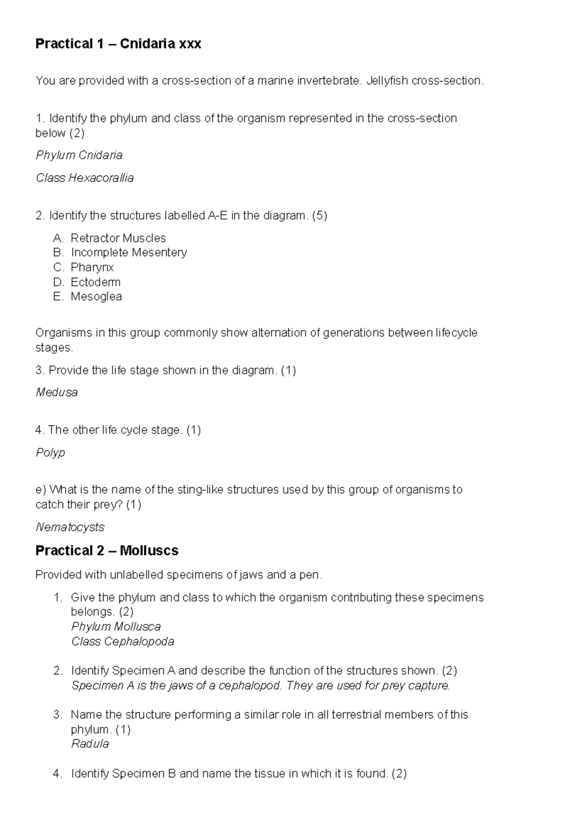 Animal Biology 2 - Practical Lab Book Answers on Invertebrate Diversity ...