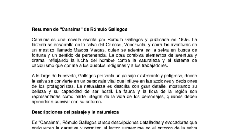 Canaima: Análisis de la Novela de Rómulo Gallegos - Studocu