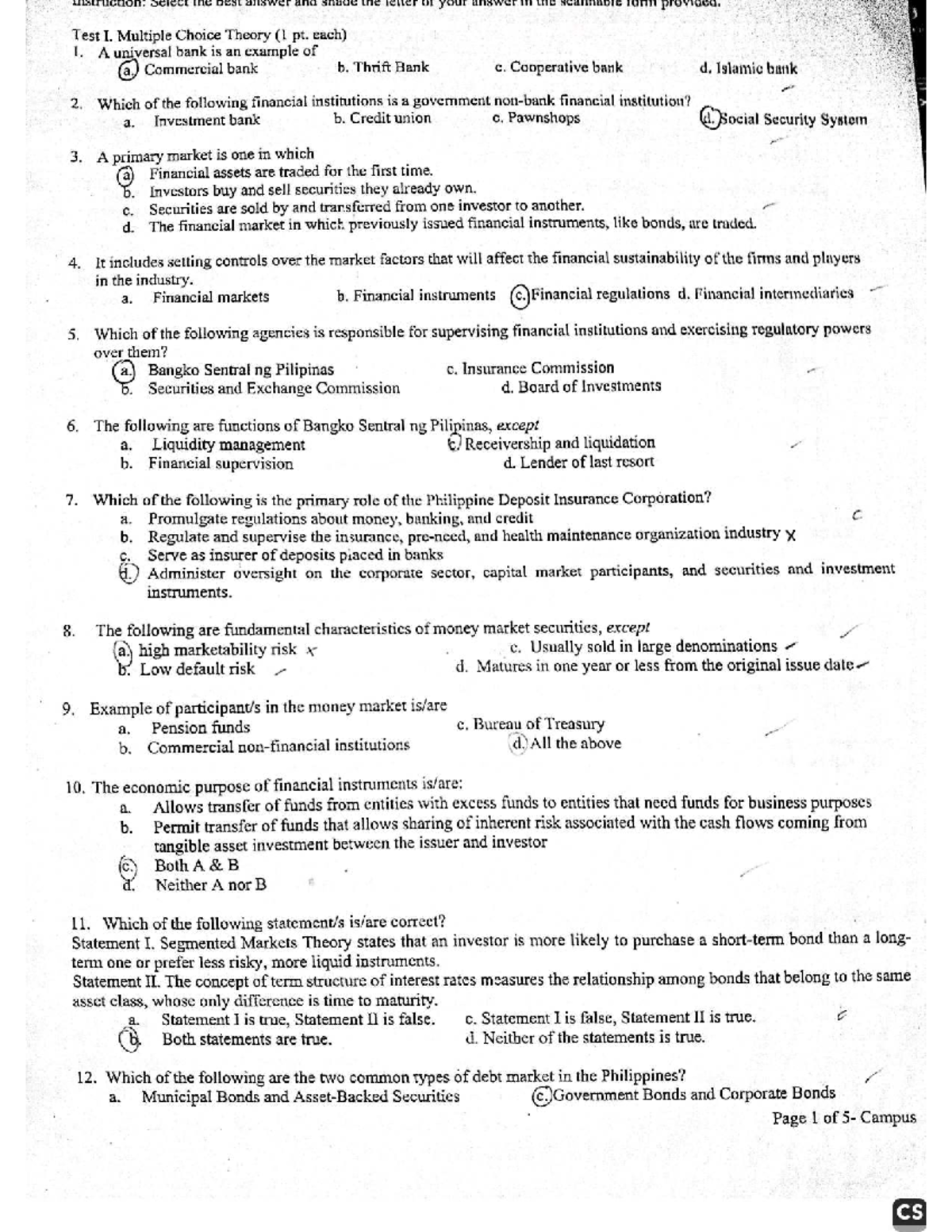 FINMAR FTE 2425: Test I - Multiple Choice Questions on Financial Theory ...