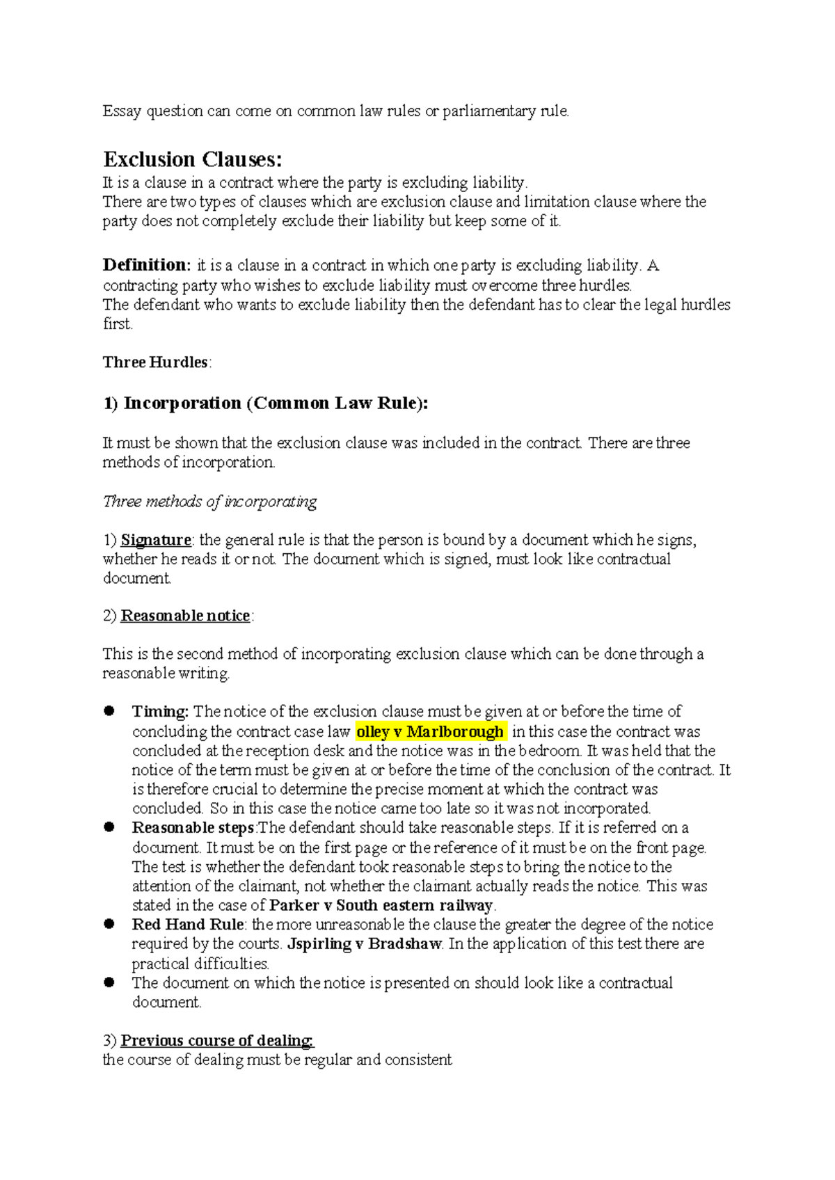 Chapter 6 - Exclusion Clauses: Common Law & Parliamentary Rules - Studocu