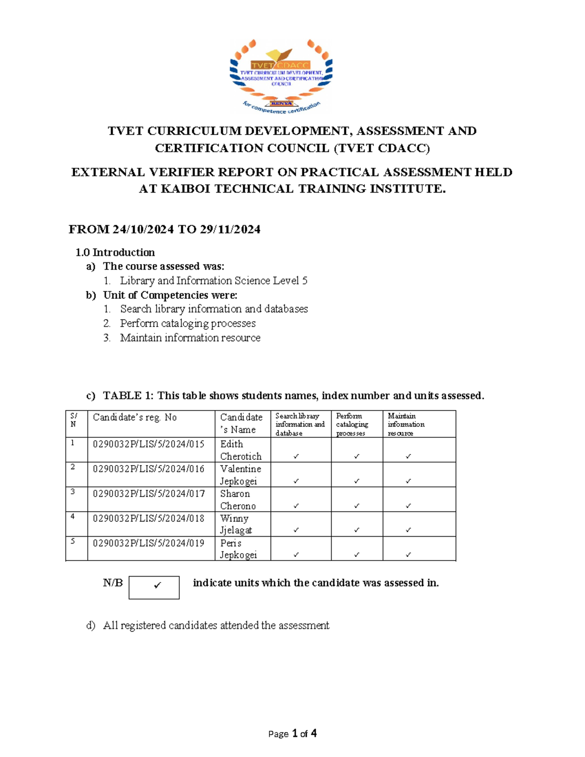 TVET CDACC External Verifier Report: Practical Assessment - LIS Level 5 ...