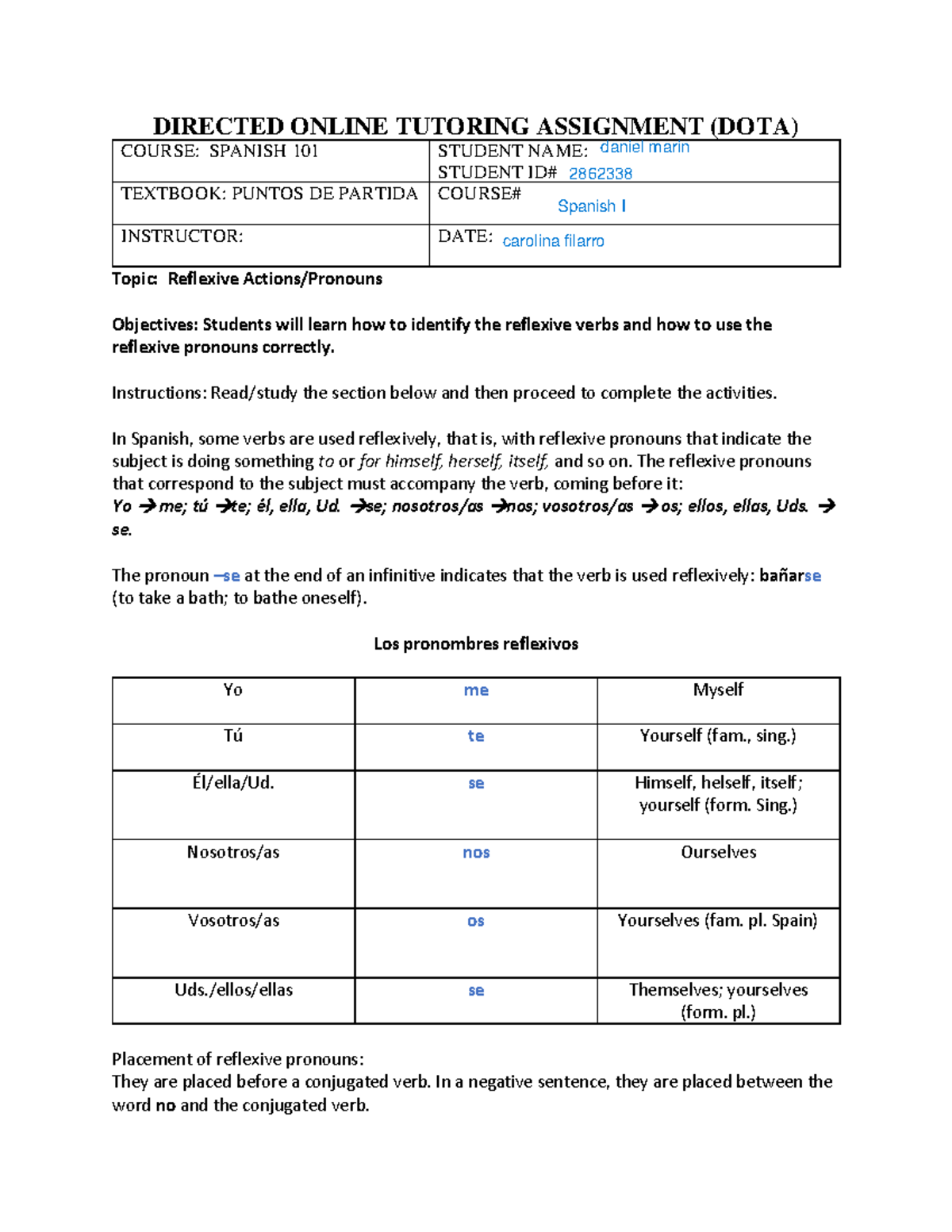 SPAN 101 Final Exam: Reflexive Pronouns Overview and Activities - Studocu