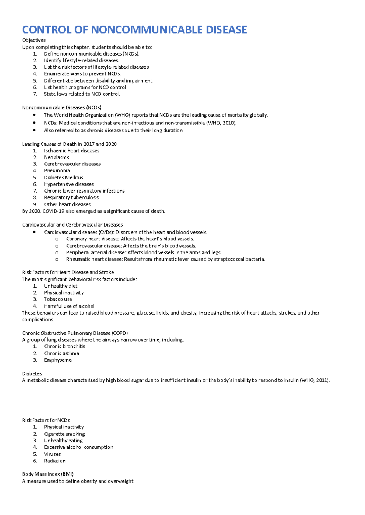 NCD Control: Key Concepts and Strategies for Health Management - Studocu