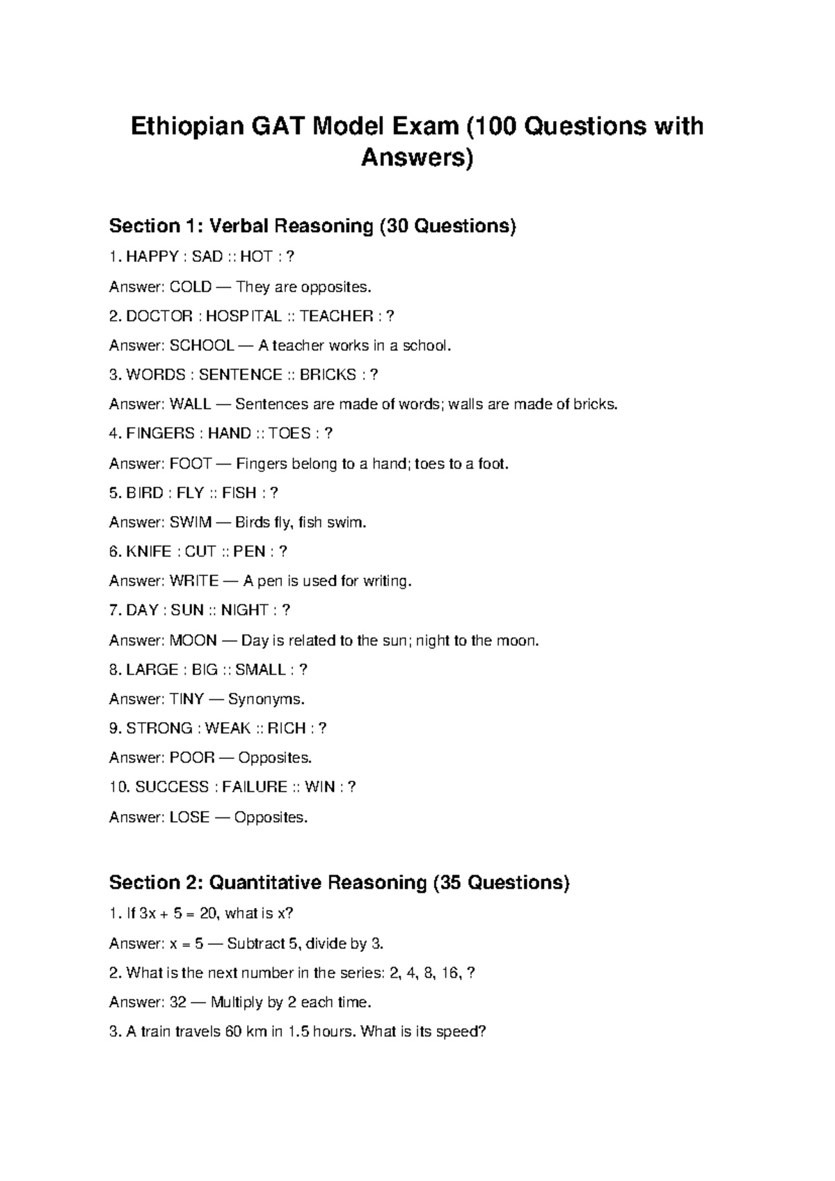 Ethiopian GAT Model Exam: 100 Qs & Answers for Verbal & Quantitative ...