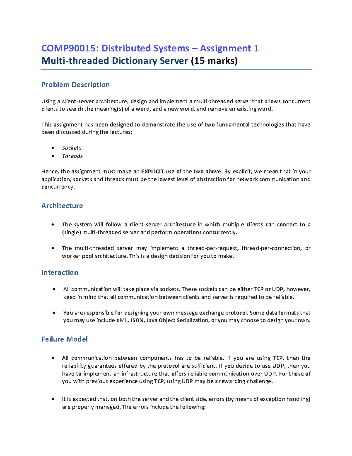Comp90015 Distributed Systems Assignment 1 Report On Multi Threaded