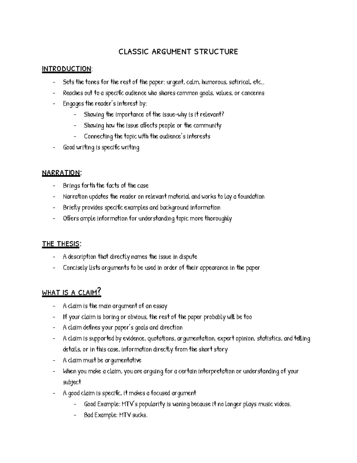 English 9 Honors Final Exam Notes on Classic Argument Structure - Studocu
