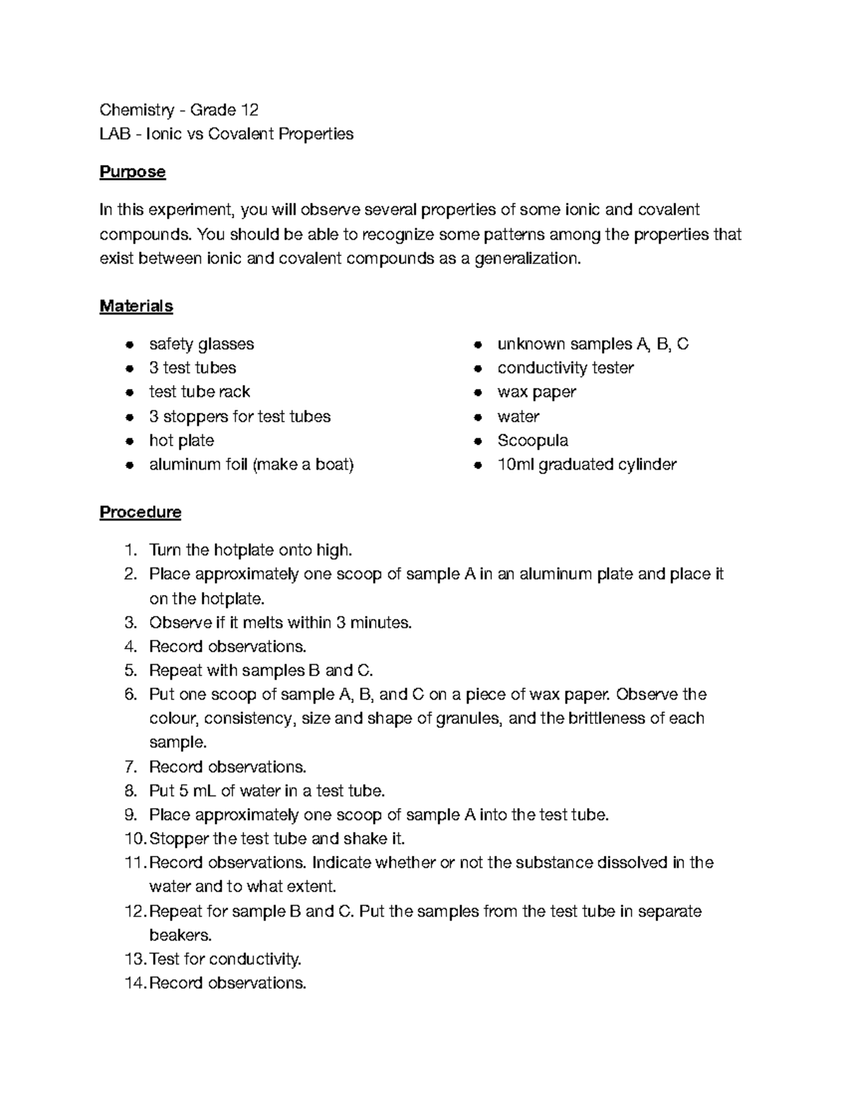 Chemistry Grade 12 Lab: Ionic vs Covalent Properties Analysis - Studocu