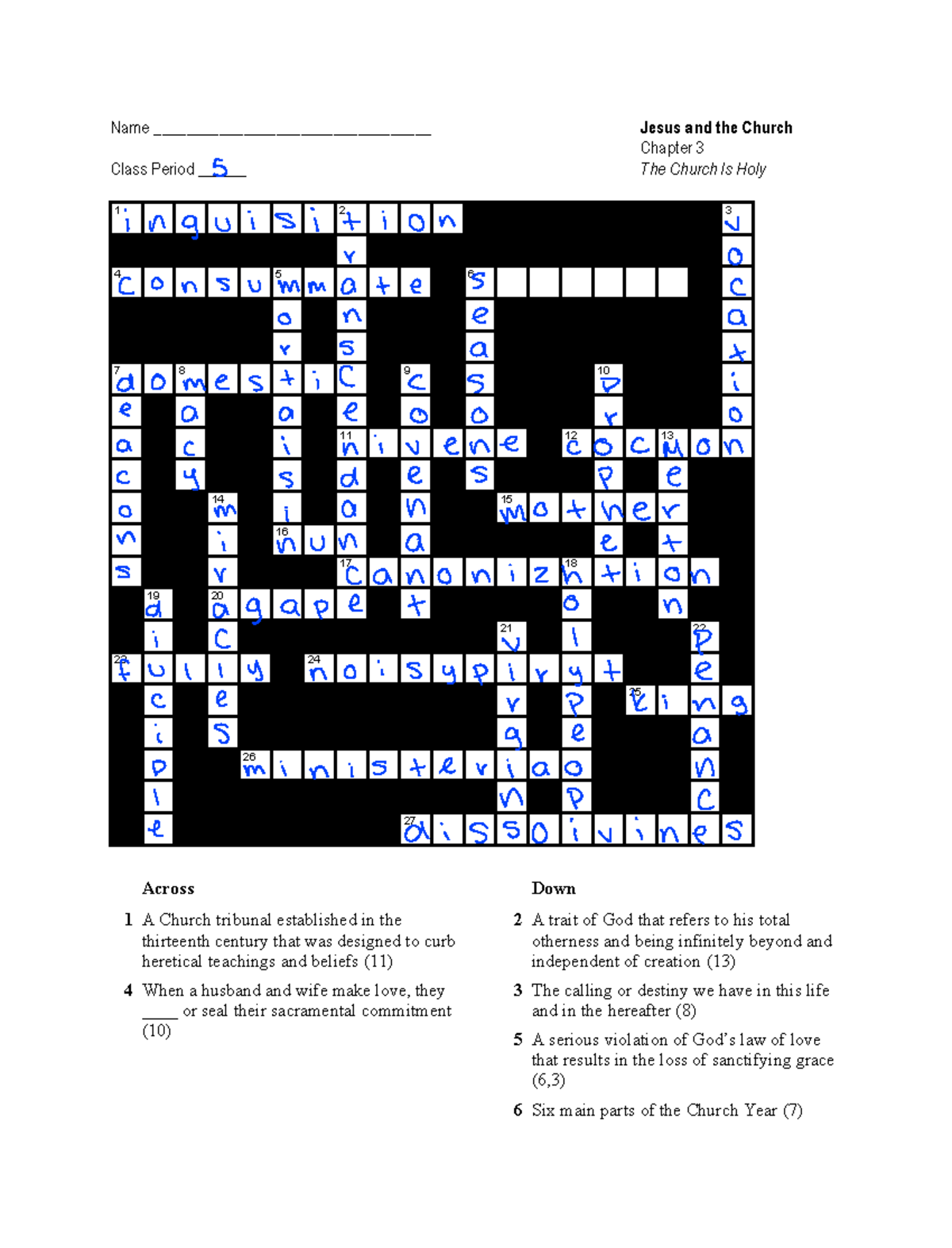 Chapter 3 Crossword Puzzle: The Church Is Holy - Work - Studocu