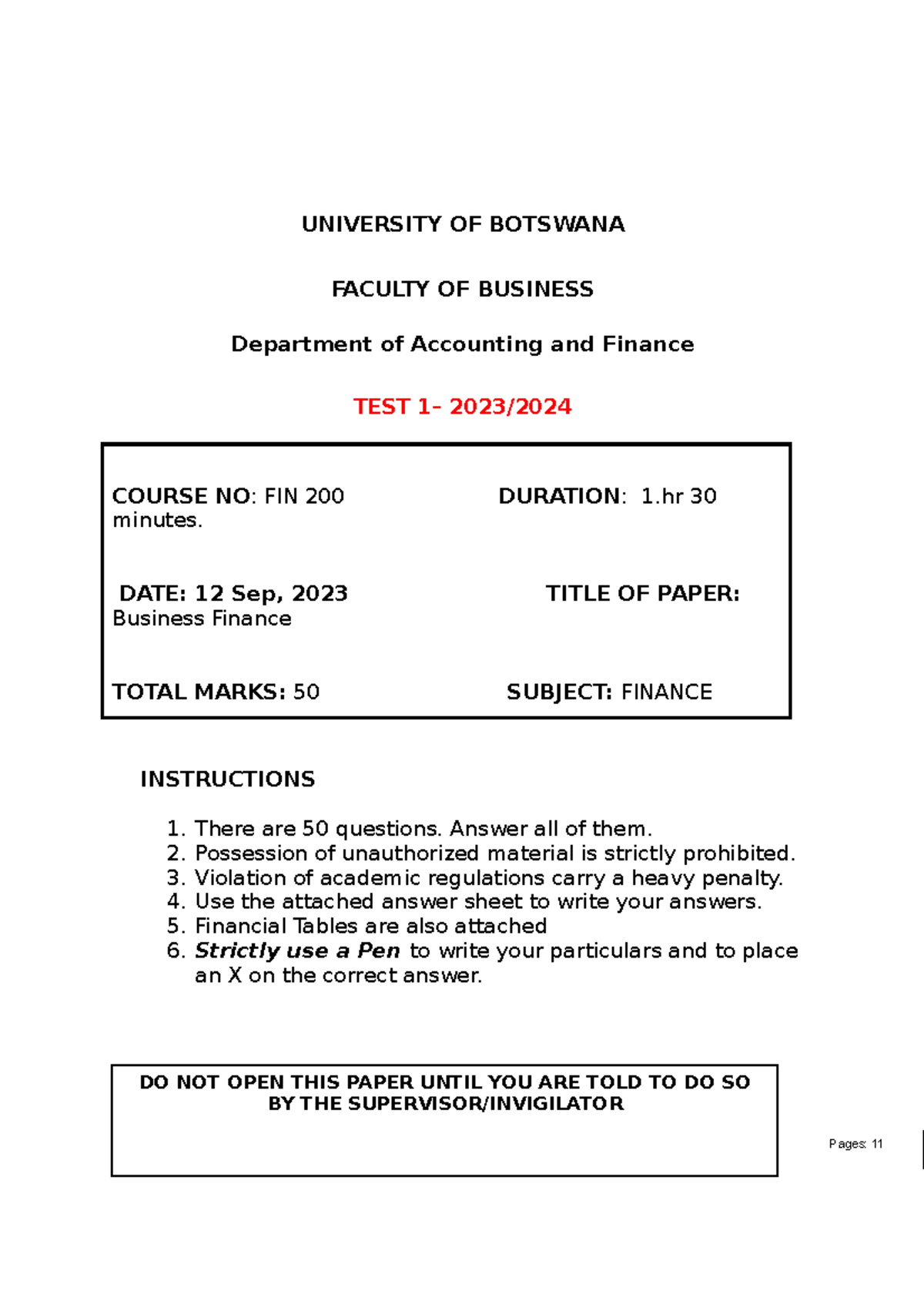 FIN 200 Test 1 2023 - Complete Marking Key and Sample Answers - Studocu