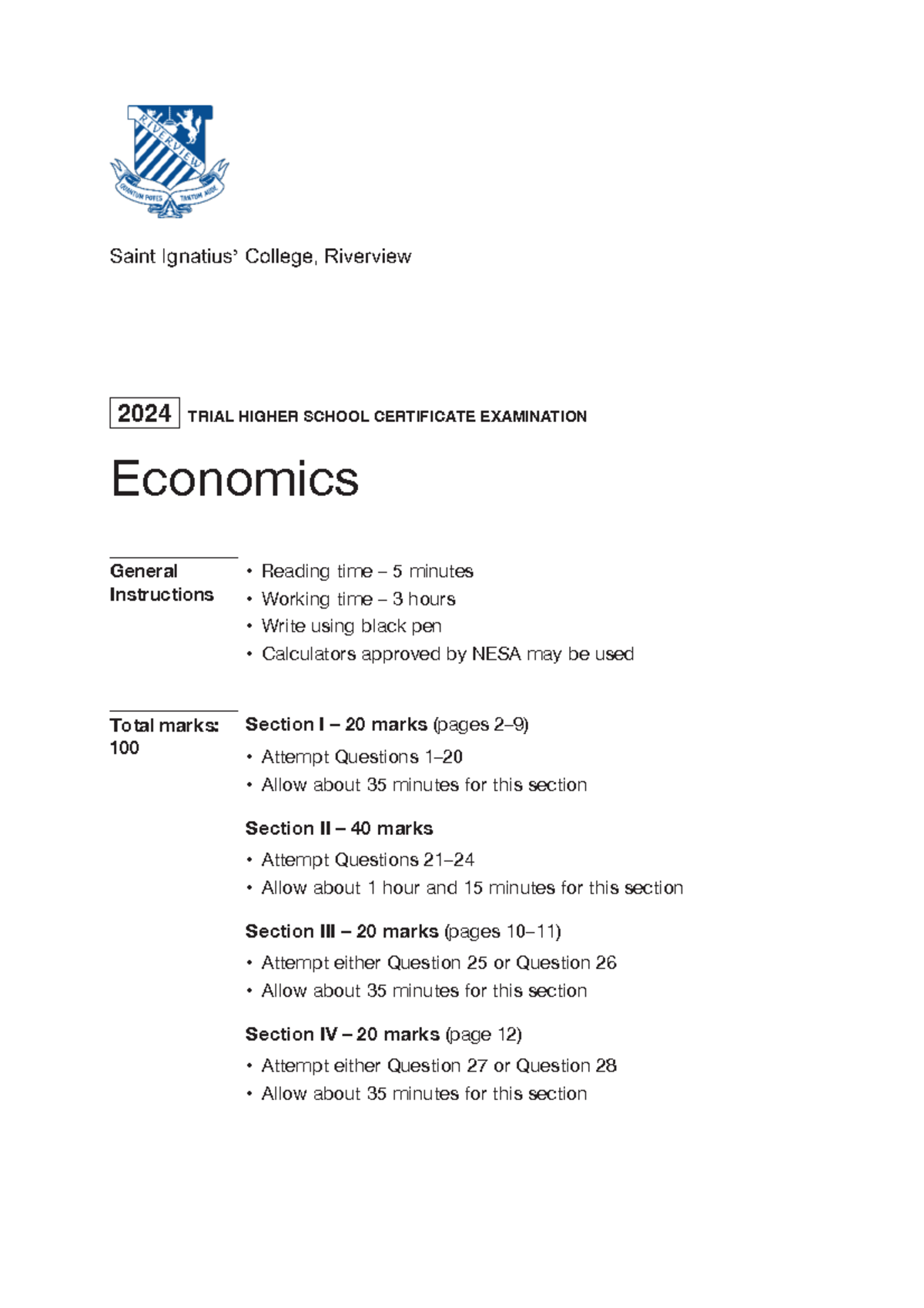 SIC EC Trial 2024 - Higher School Certificate Exam Economics - Studocu