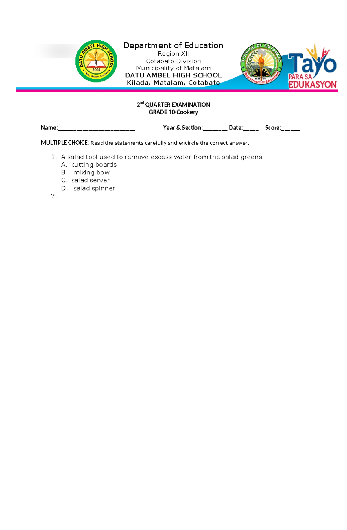 2nd quarter exam - tle carpentry grade 8 - Department of Education ...