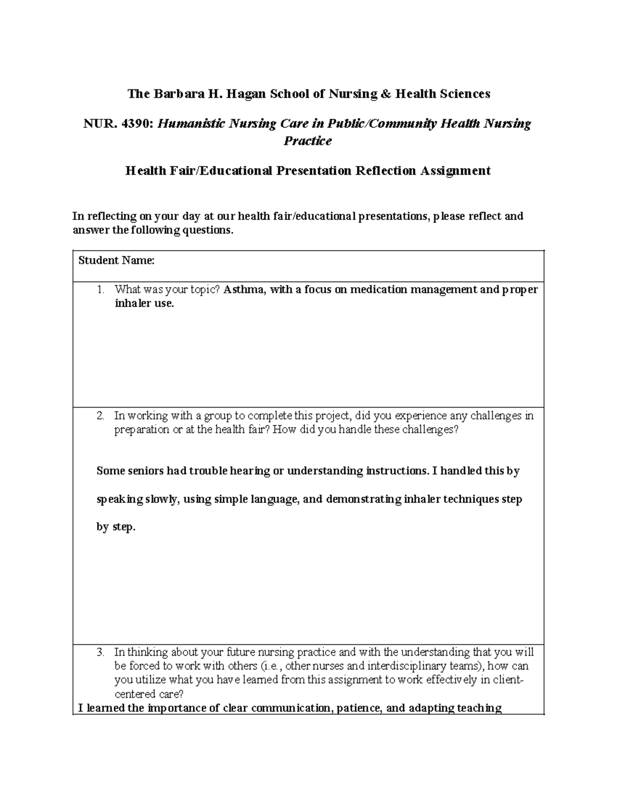NUR 4390: Reflection on Health Fair Presentation on Asthma Care - Studocu