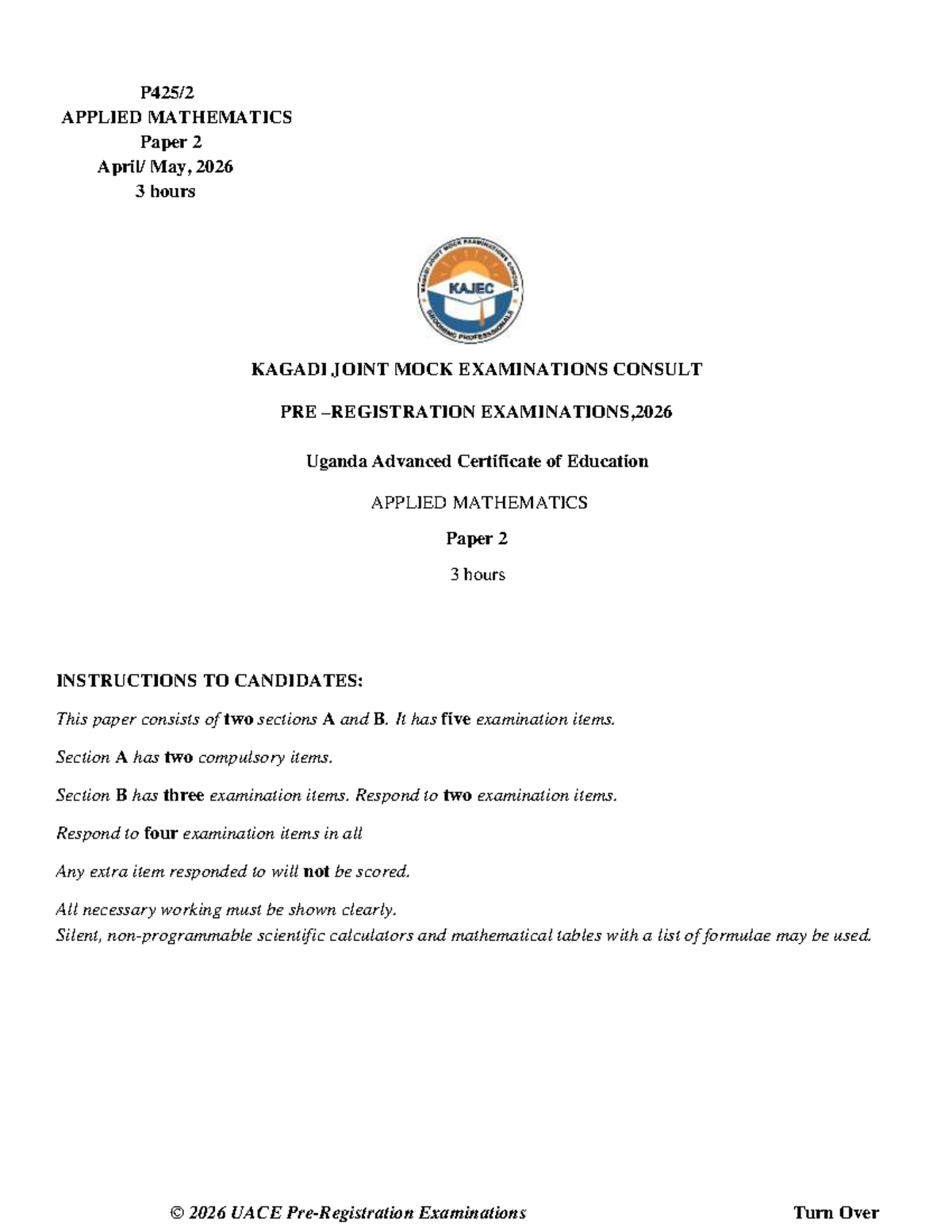 APPLIED MATHEMATICS Paper 2 - KAGADI JOINT MOCK EXAM 2026 - Studocu