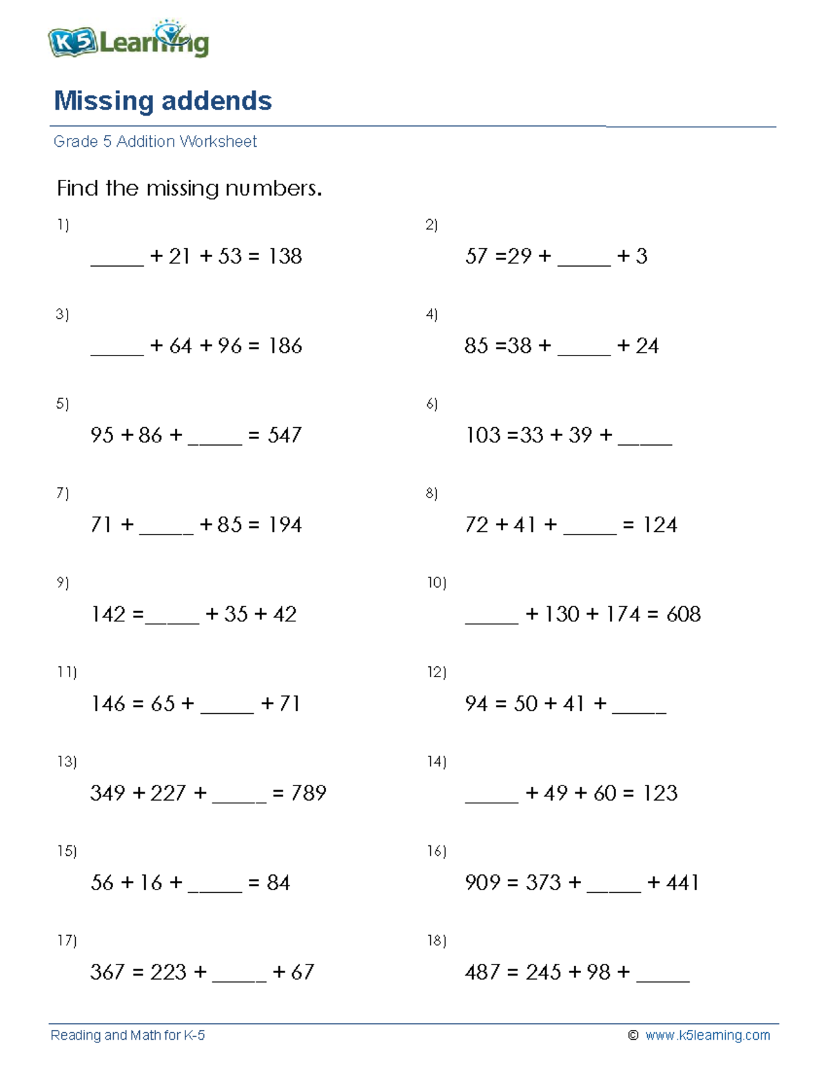 Grade 5 Addition Worksheet: Find the Missing Addends - Studocu