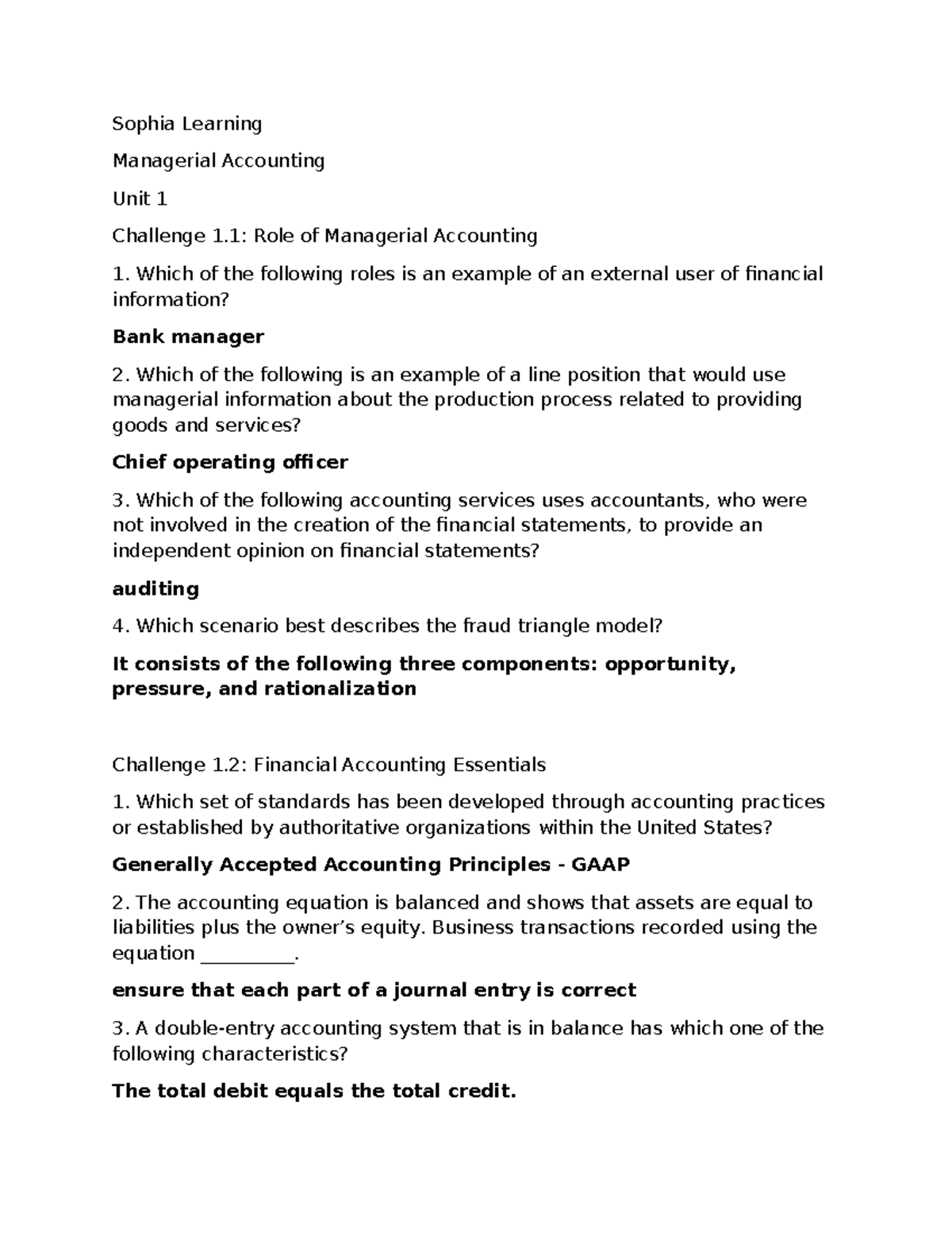 Managerial Accounting Unit 1: Key Concepts and Challenges - Studocu