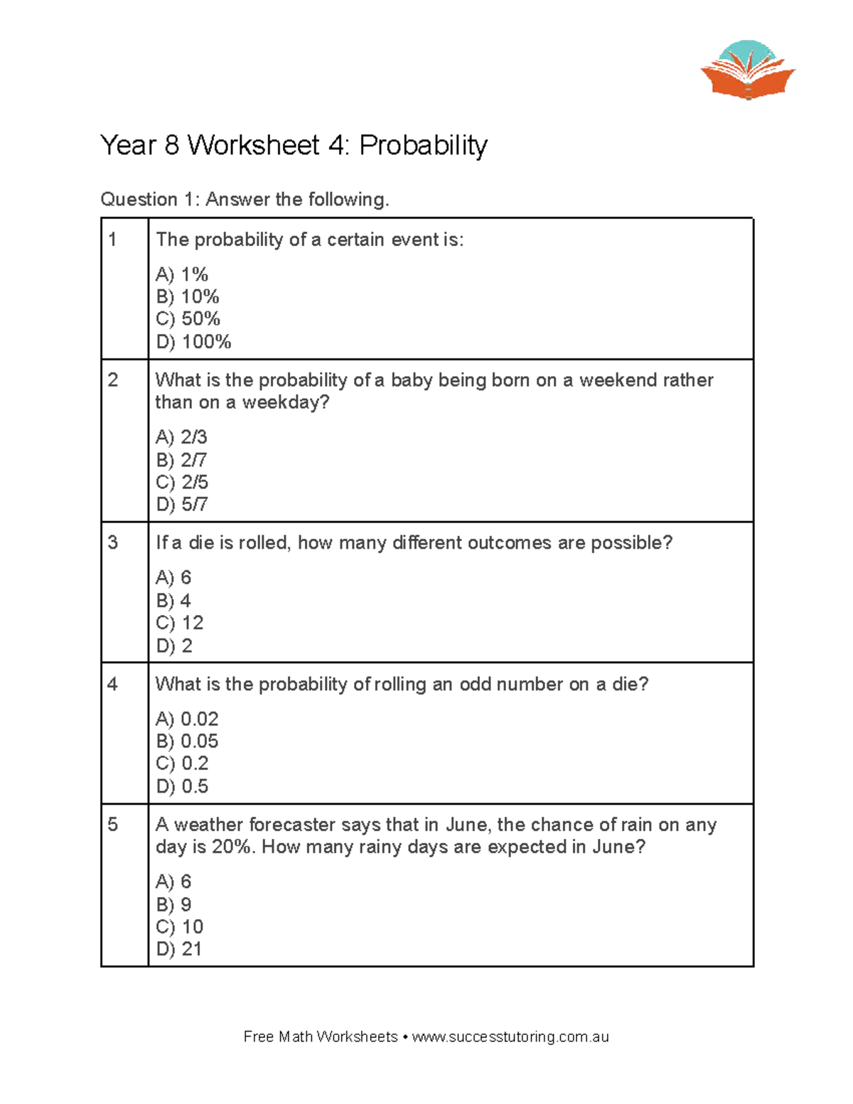 Year 8 Worksheet 4: Probability Questions and Answers - Studocu