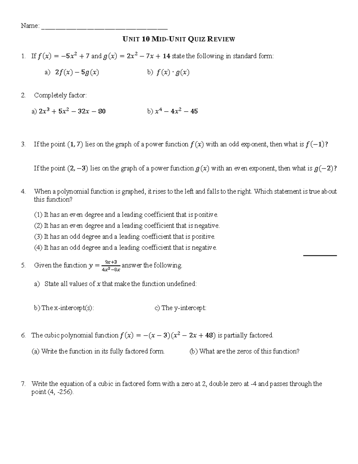 Algebra 2 Unit 10 Quiz Review: Graphs and Polynomial Functions - Studocu