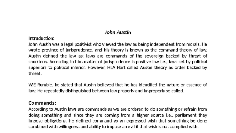 John Austin - Jurisprudence Overview and Command Theory Analysis - Studocu