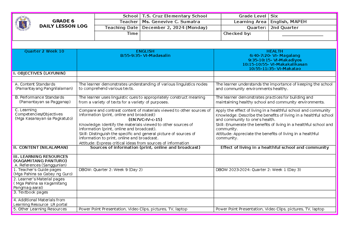 DLL Quarter 2- WEEK 10 - DLL- Grade 6 - GRADE 6 DAILY LESSON LOG School ...