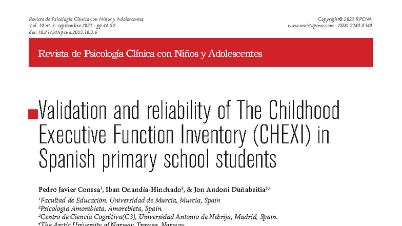 Validation and Reliability of CHEXI in Spanish Primary Students - Studocu