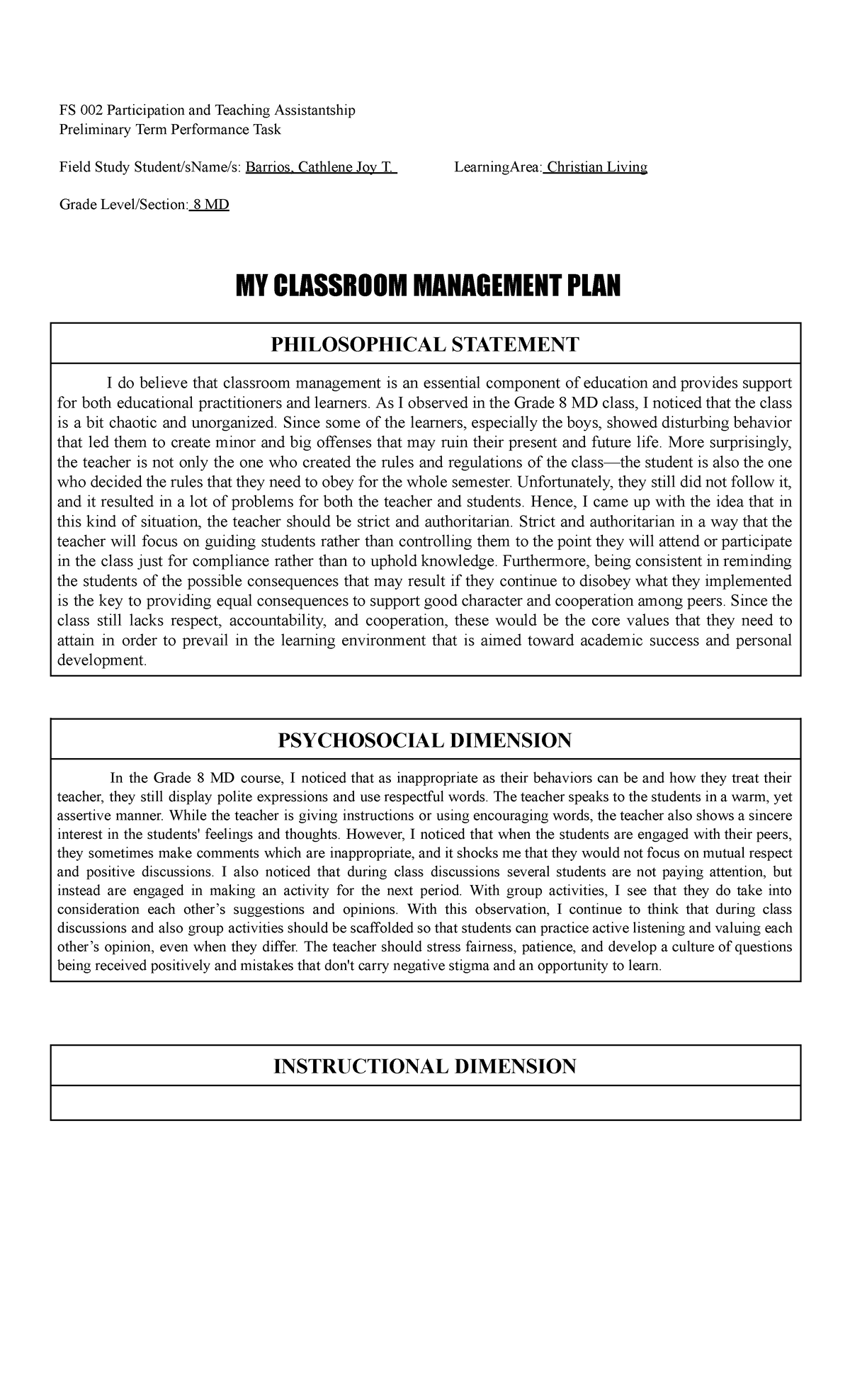 FS 002 Classroom Management Plan: Insights from Grade 8 MD Field Study ...