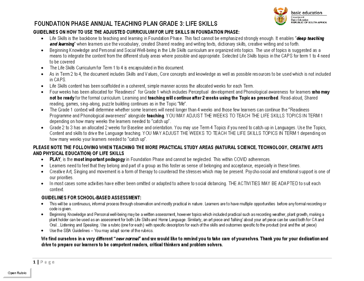Revised Annual Teaching Plan for Life Skills - Grade 3 (CAPS) - Studocu