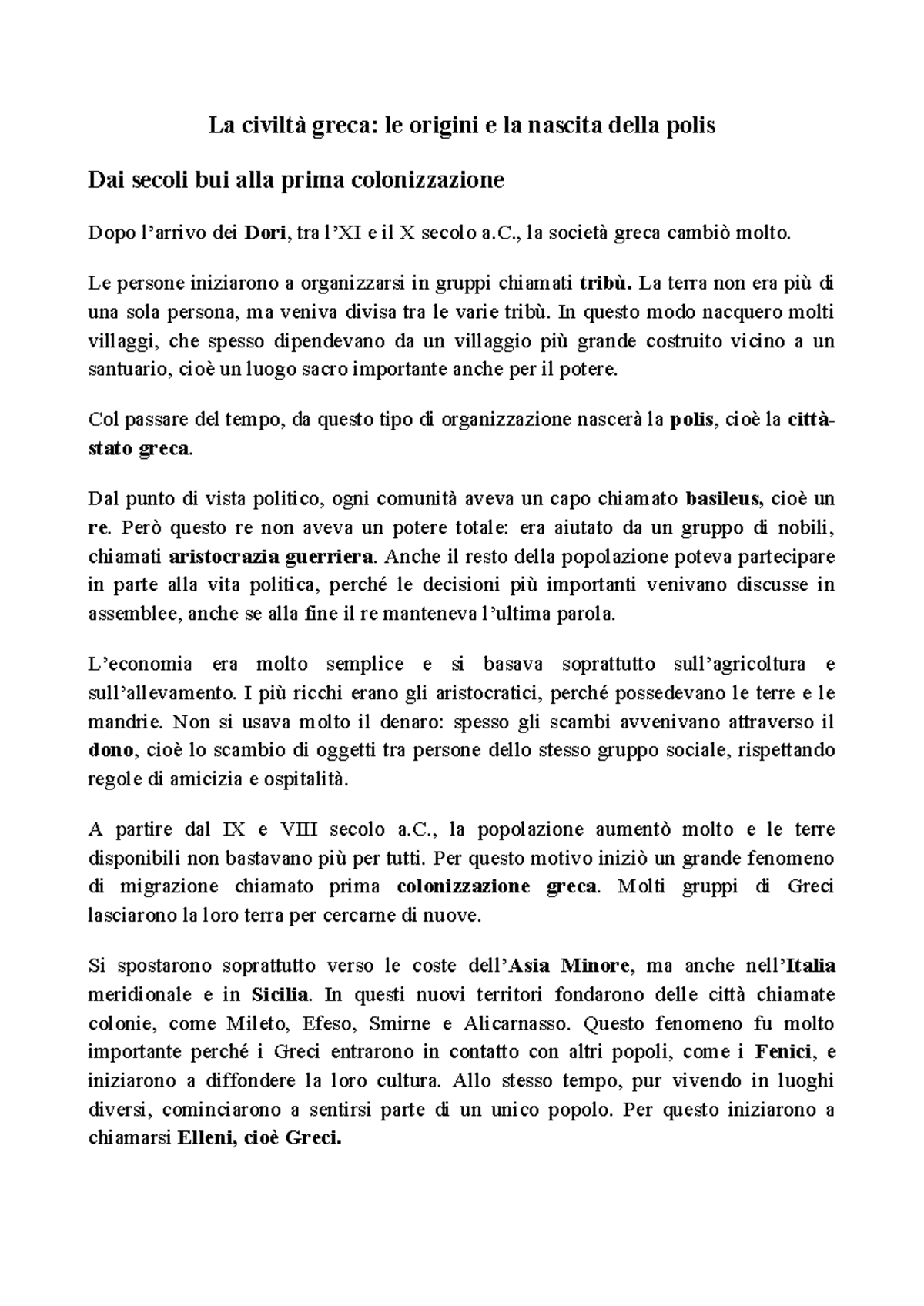 La civiltà greca: origini e sviluppo della polis - Riassunti - Studocu
