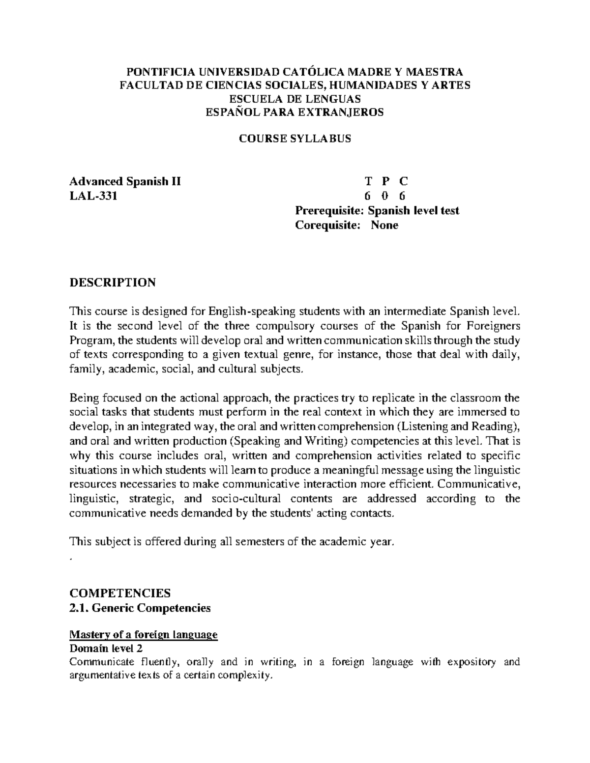 LAL-331 Advanced Spanish II Course Syllabus and Competencies - Studocu