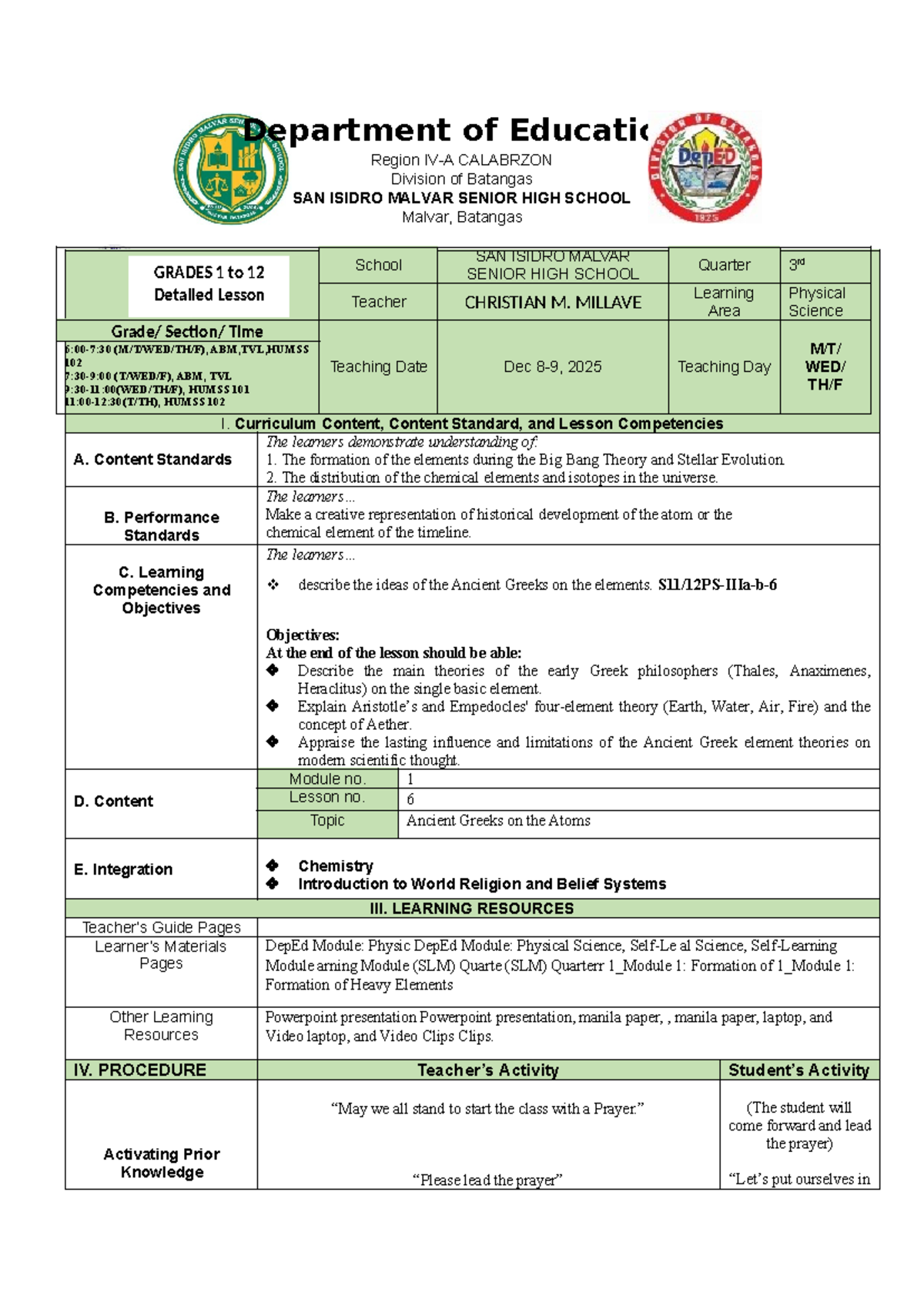 Physical Science Lesson Plan: Ancient Greek Theories (ABM, TVL, HUMSS ...