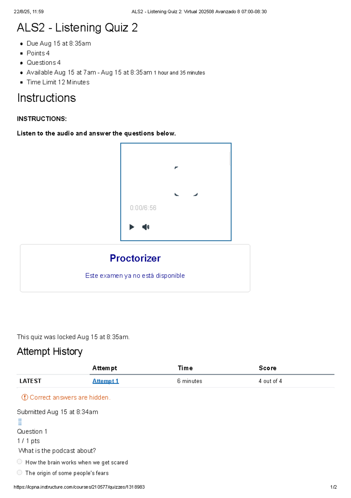 ALS2 Listening Quiz 2: Virtual 202508 - Avanzado 8 - Studocu