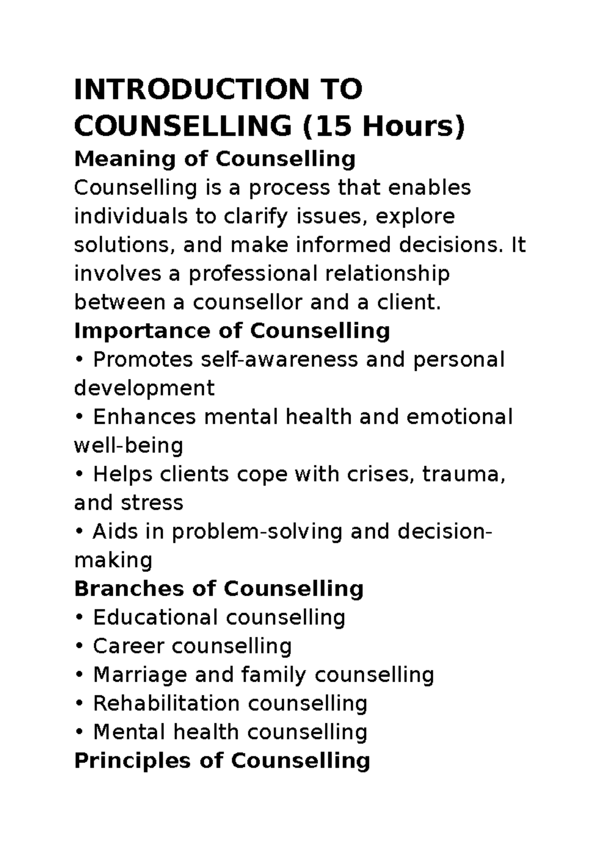Introduction to Counselling Psychology (15 Hours) Overview and ...