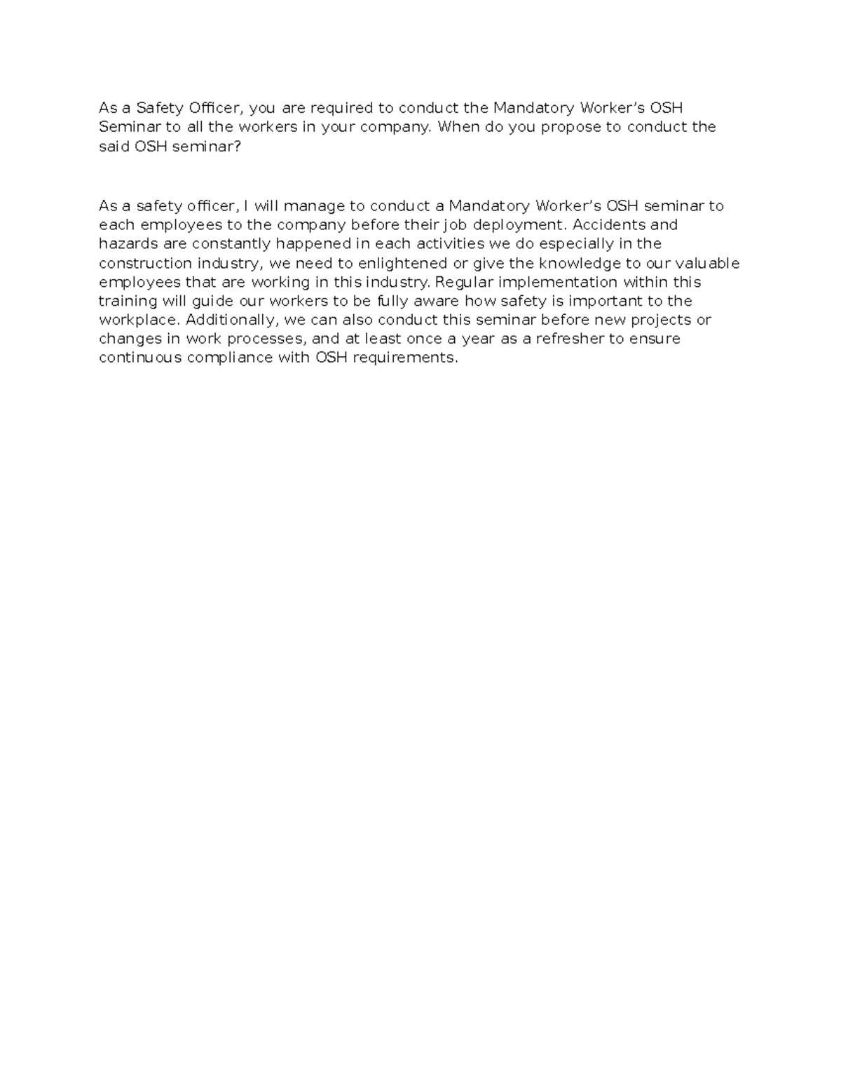Mandatory OSH Seminar Proposal for Workers - Safety Officer Guide - Studocu