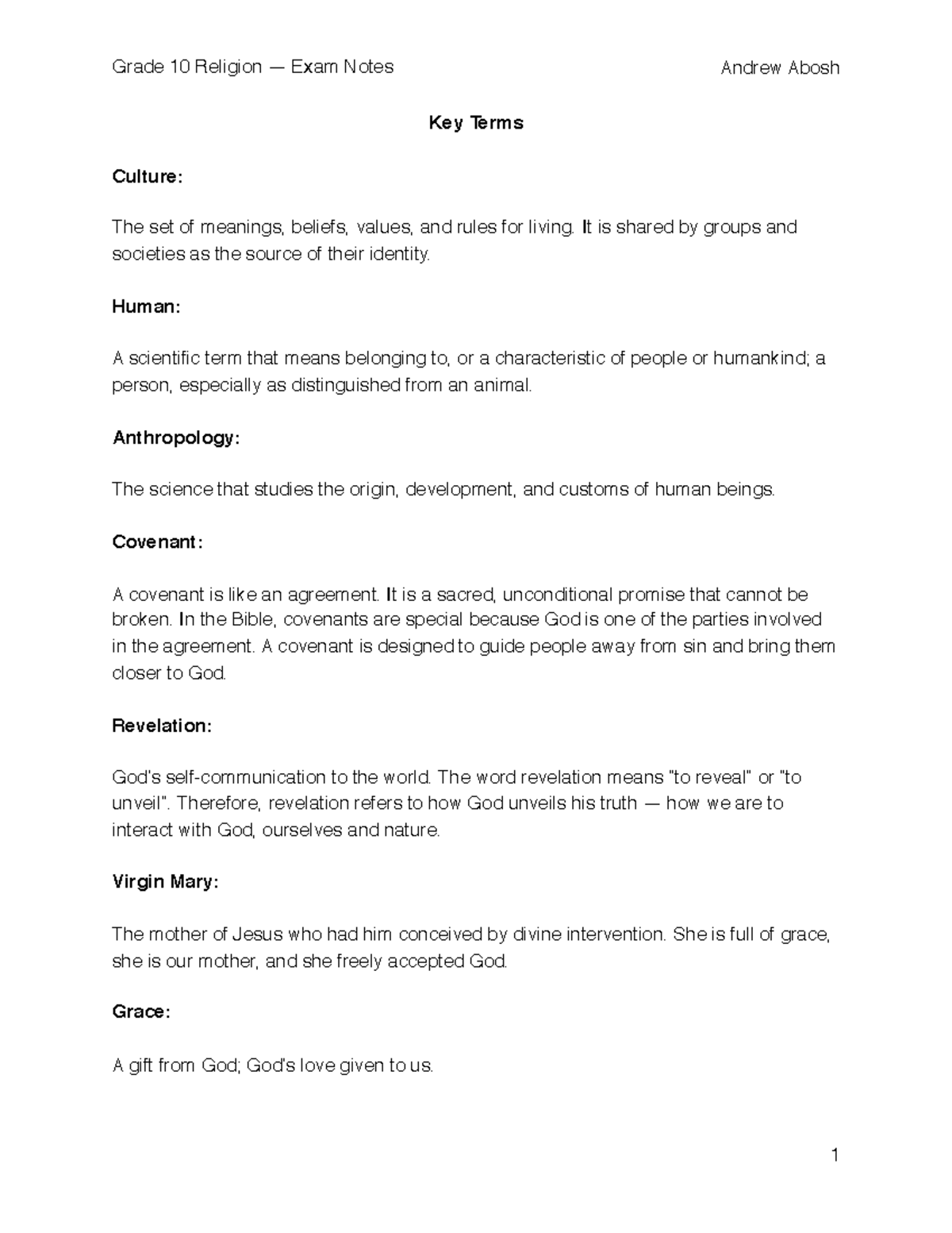 Grade 10 Religion Exam Notes: Key Terms and Concepts by Andrew Abosh ...