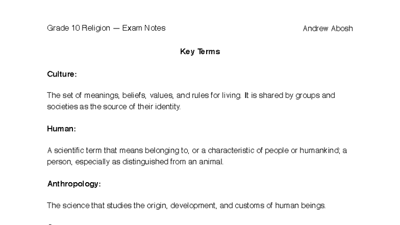 Grade 10 Religion Exam Notes: Key Terms and Concepts by Andrew Abosh ...