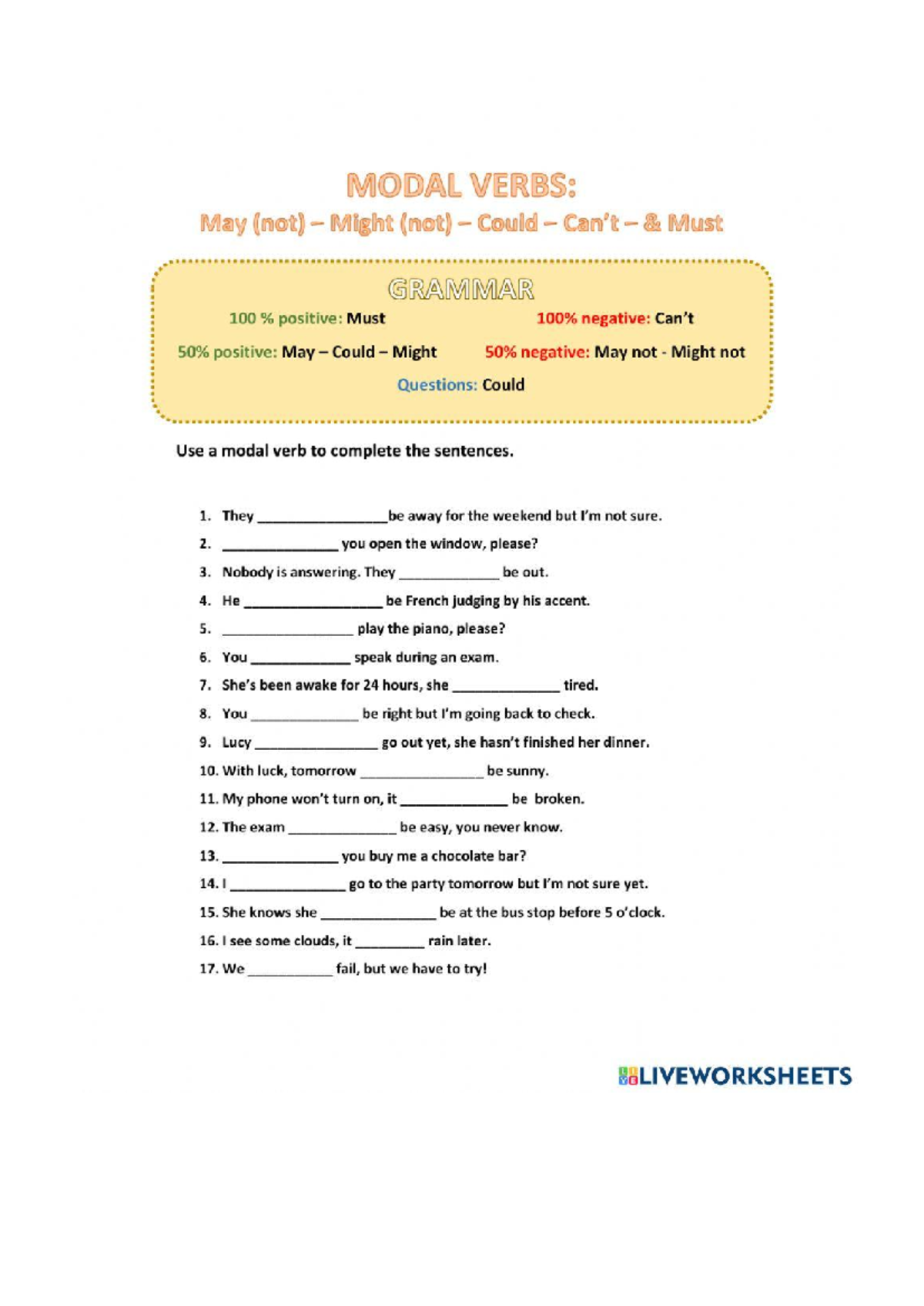 MODAL VERBS: May, Might, Could, Must - Worksheet 969812 - Studocu