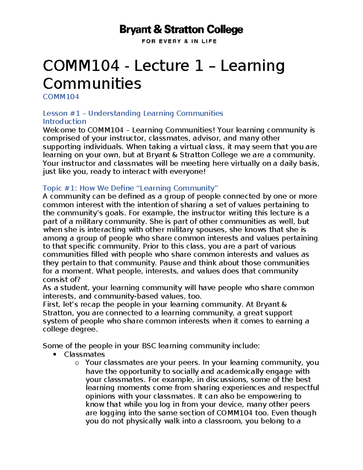 COMM104 Lecture 1 - Exploring Learning Communities Online - Studocu