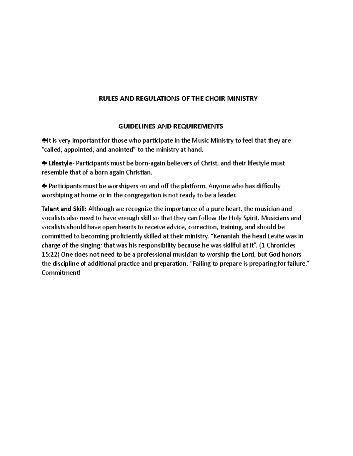Rules and Regulations for the Peculiar Music Ministry Choir - Studocu