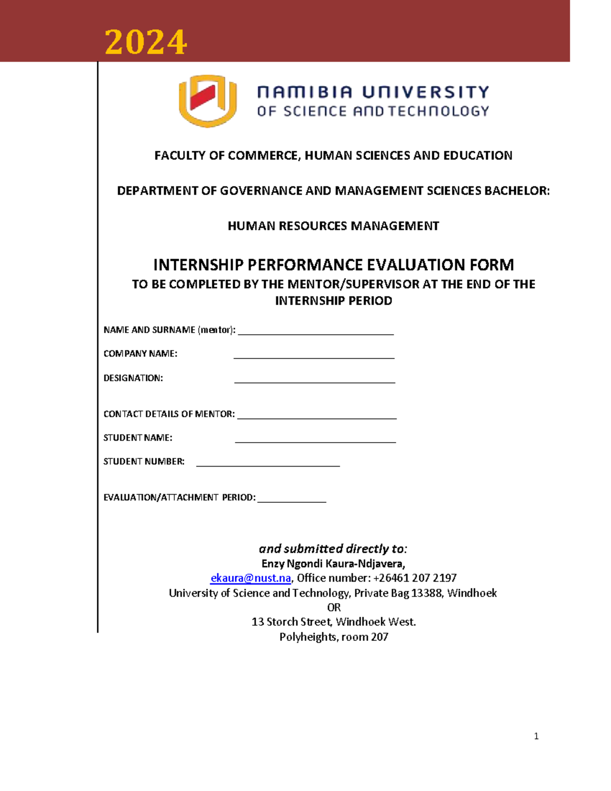 HRM 2024 Internship Performance Evaluation Form for Students - Studocu