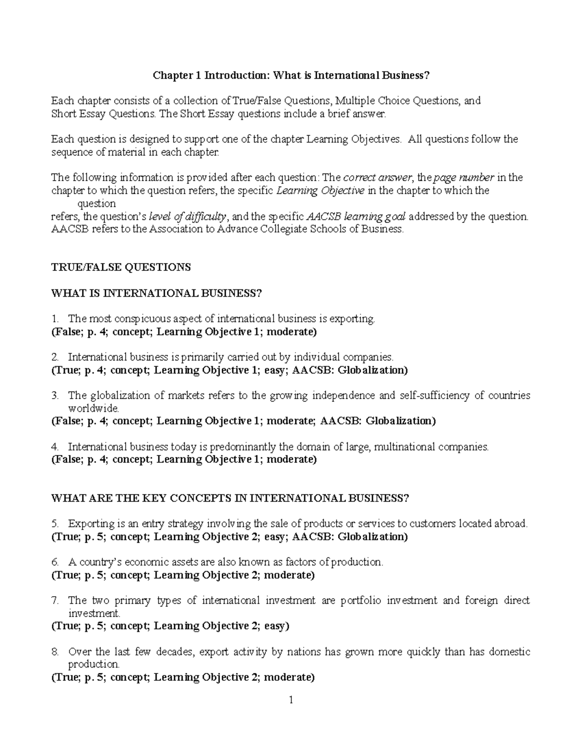 international business test bank chap 1 - Chapter 1 Introduction: What ...
