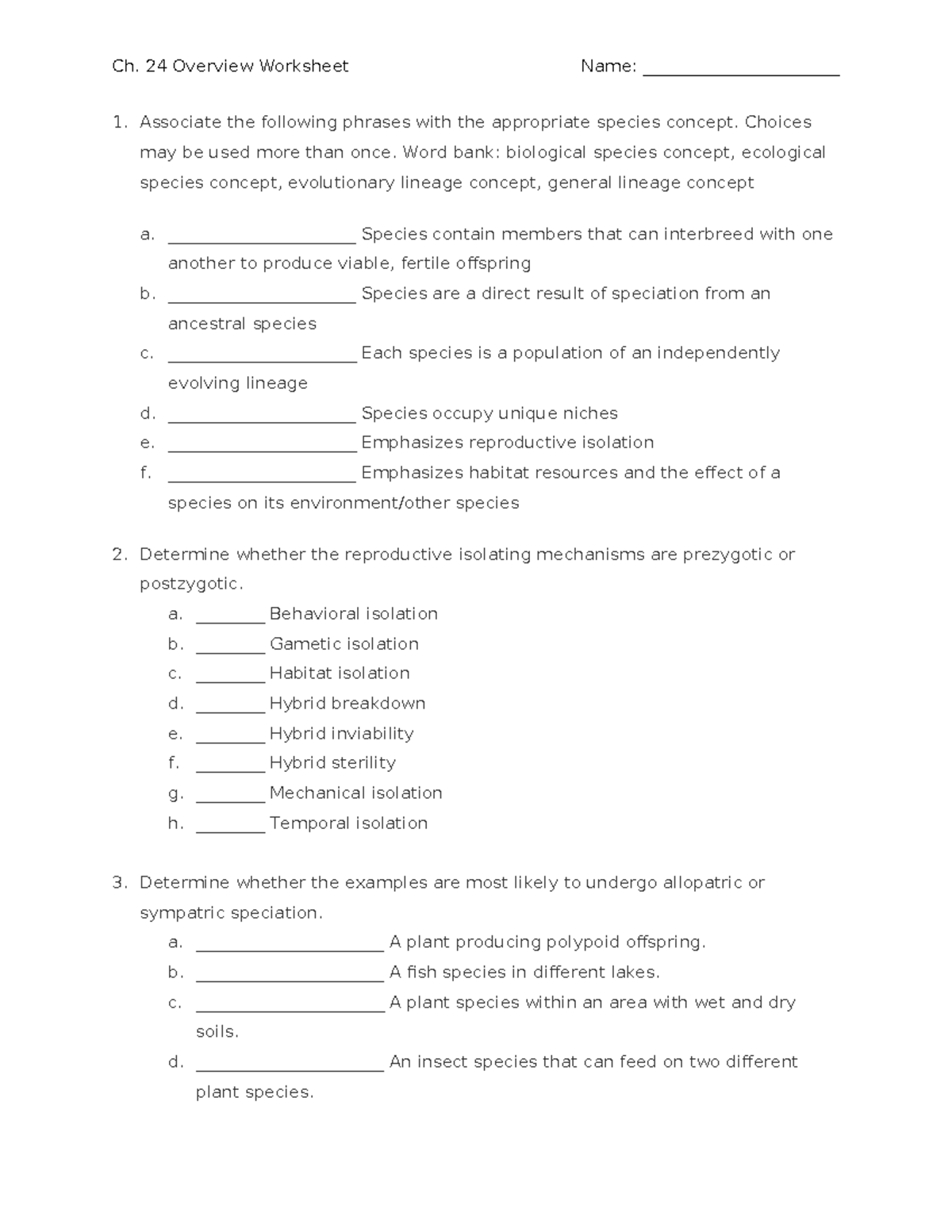 Ch. 24 Overview Worksheet: Species Concepts & Reproductive Isolation ...